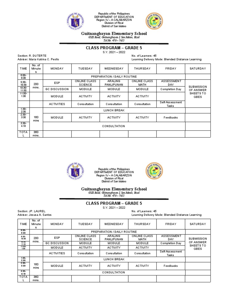 Class & Teachers Program Grade 5 | PDF | Academic Term | Philippines
