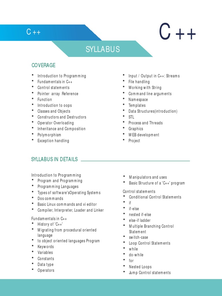 C++ Syllabus: Coverage | PDF | C++ | Method (Computer Programming)