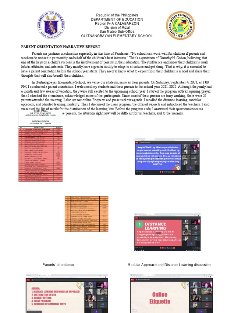 Parent Orientation Narrative Report | PDF | Teachers | Learning