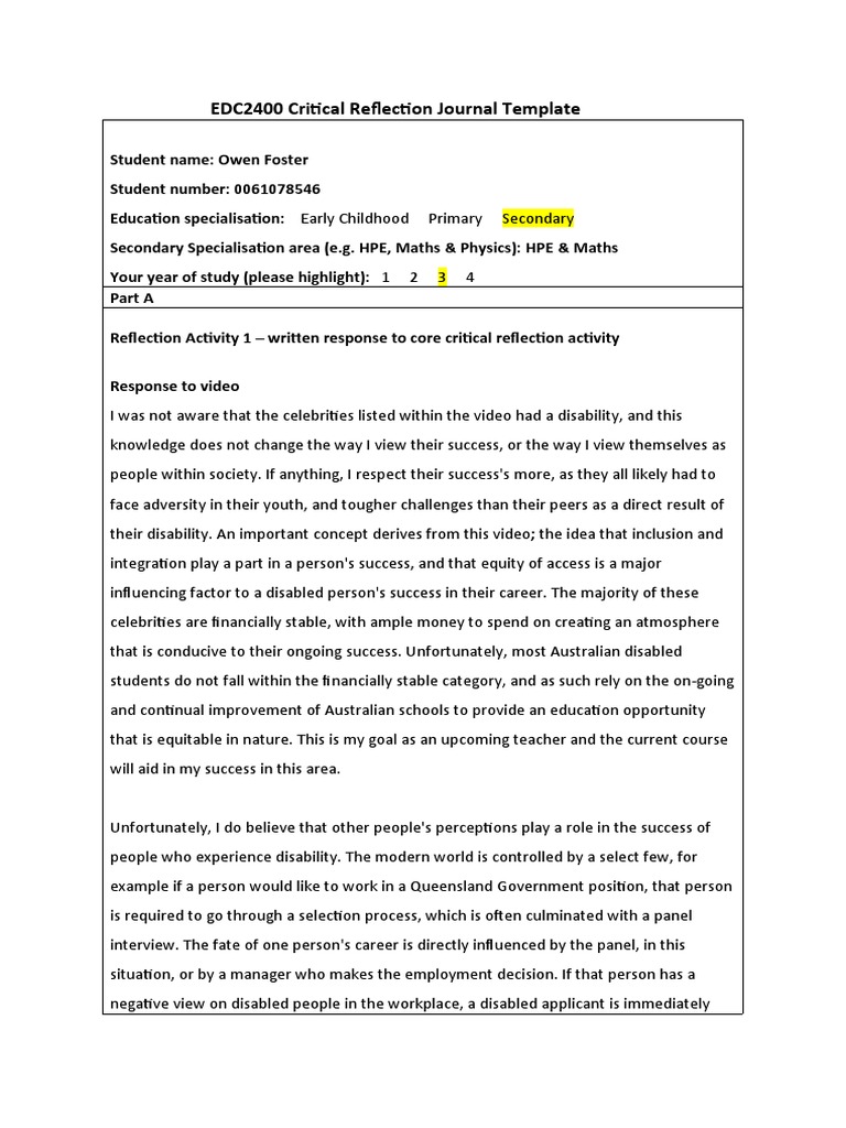Critical Reflection Journal Template | PDF | Inclusion (Education ...