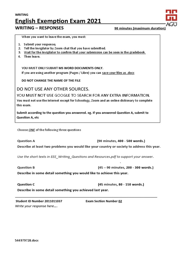 English Exemption Exam 2021: Writing - Responses | Download Free PDF ...