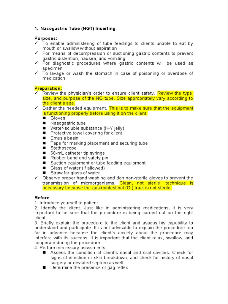 Nasogastric Tube (NGT) Inserting Purposes | PDF | Medicine | Clinical ...