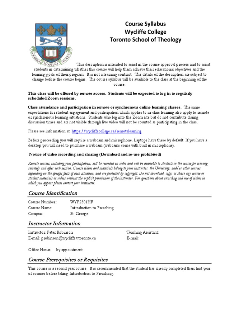 Course Syllabus Wycliffe College Toronto School of Theology | PDF ...