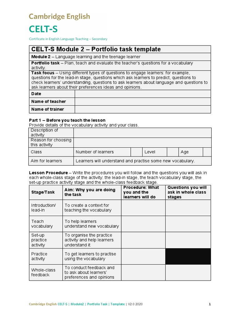 CELT-S Module 2: Vocabulary Activity Plan | PDF | Learning | Vocabulary