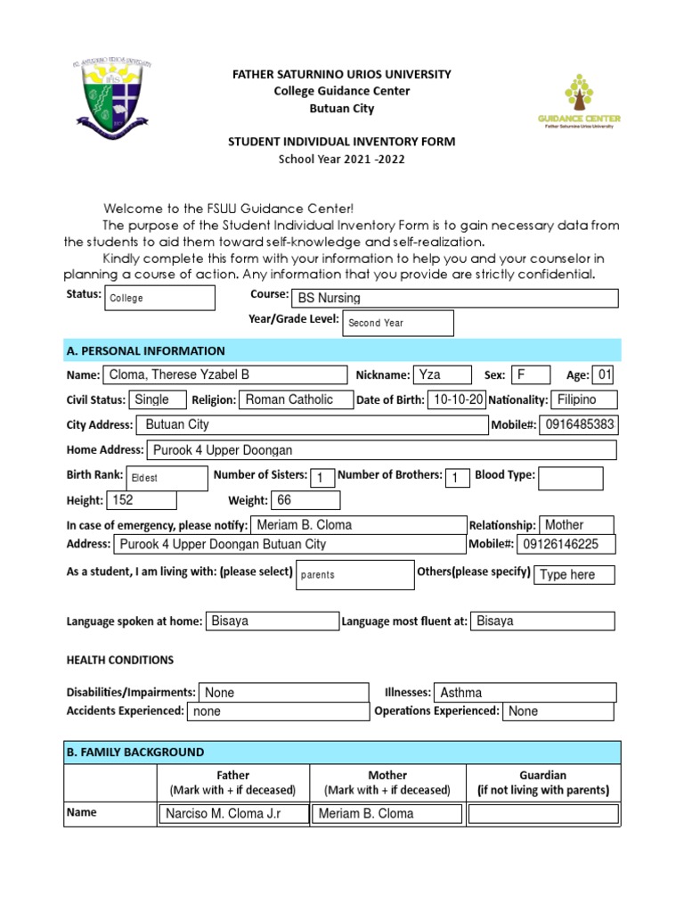 Father Saturnino Urios University College Guidance Center Butuan City ...