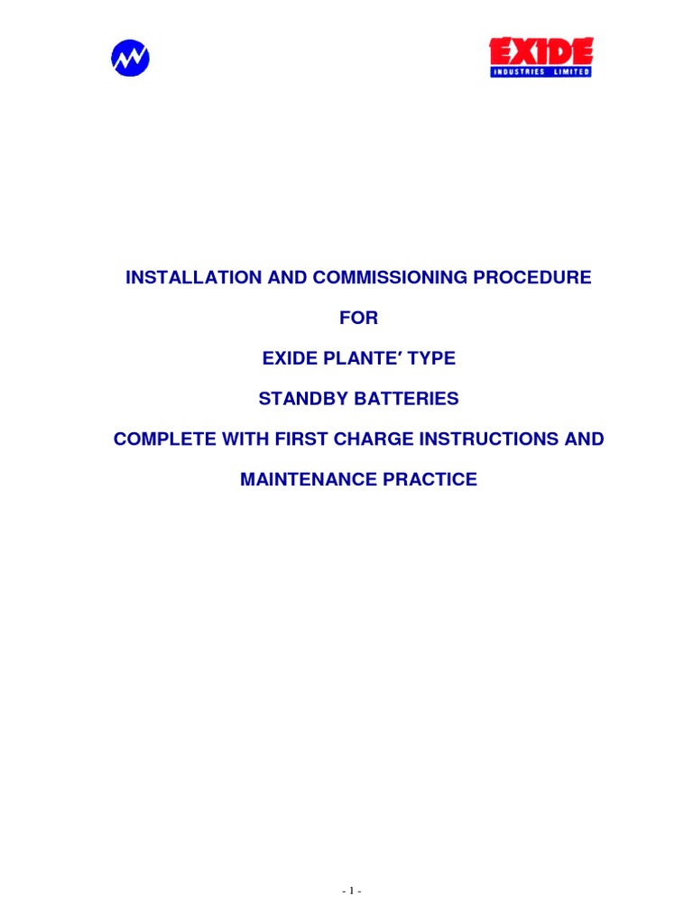 Installation and Commissioning Procedure FOR Exide Plante Type Standby ...
