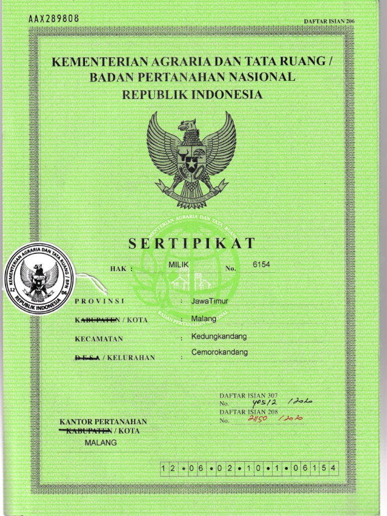 Dokumen Hak Milik Tanah No. 6154 di Kelurahan Cemorokandang, Kecamatan Kedungkandang, Malang ...