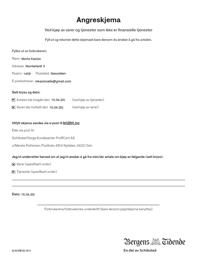 Angrerettskjema 2020 Bergens Tidende PDF | PDF