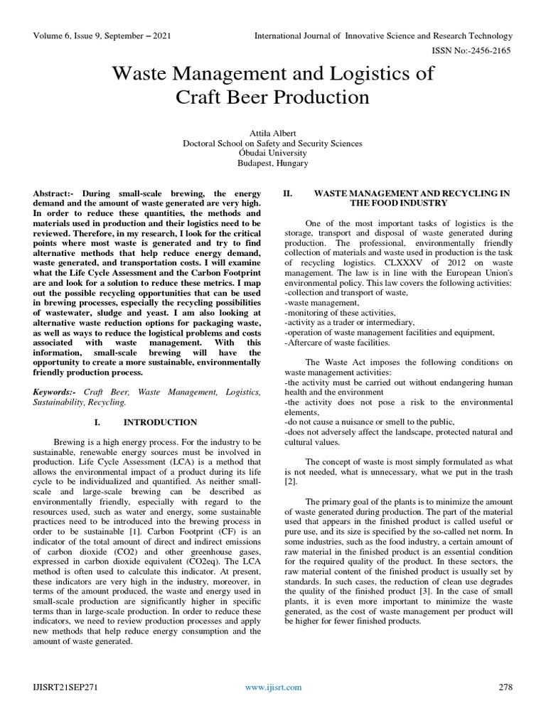 Waste Management and Logistics of Craft Beer Production | PDF | Waste ...