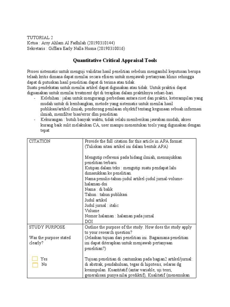 Tutorial 2 - Form Quantitative Critical Appraisal Tools | PDF