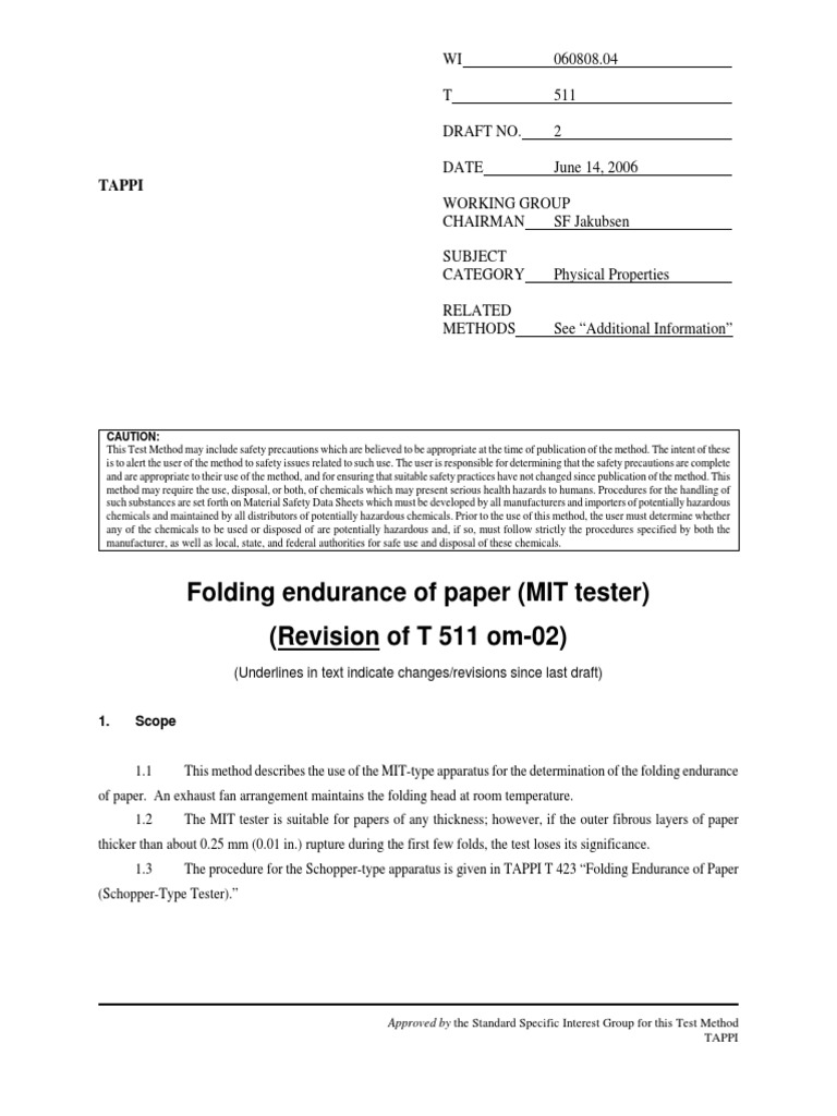 Folding Endurance of Paper (MIT Tester) (Revision of T 511 Om-02) | PDF ...
