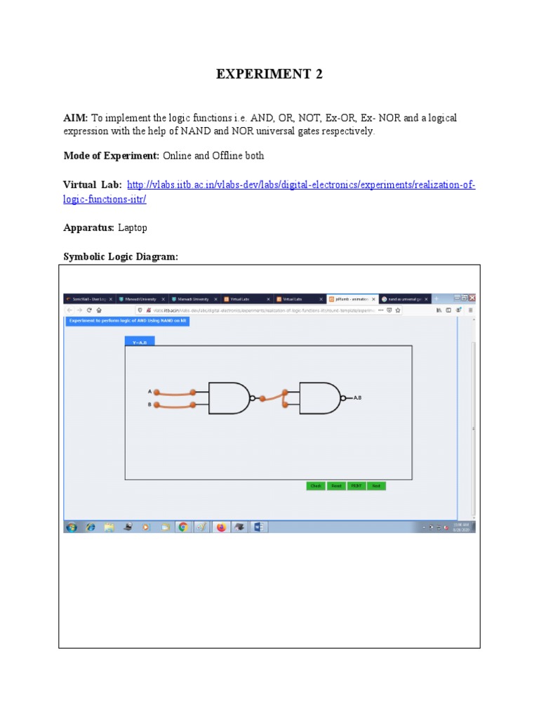 Experiment 2: AIM: To Implement The Logic Functions I.E. AND, OR, NOT, Ex-OR, Ex-NOR and A ...