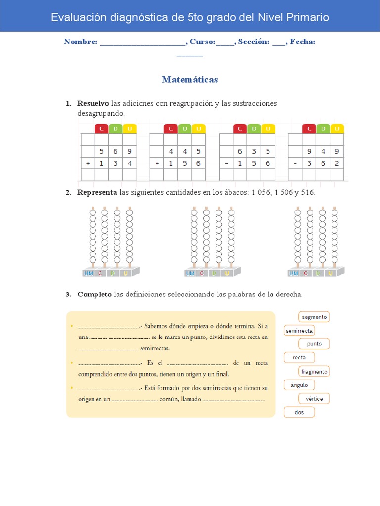 Evaluacion Diagnostica de 5to Primaria Mat | PDF | Métodos y materiales ...