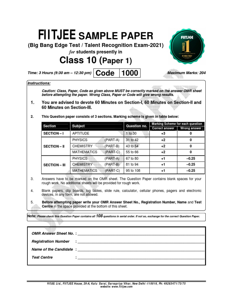 FIITJEE Class 10 Sample Paper 2021 | PDF | Ph | Reflection (Physics)