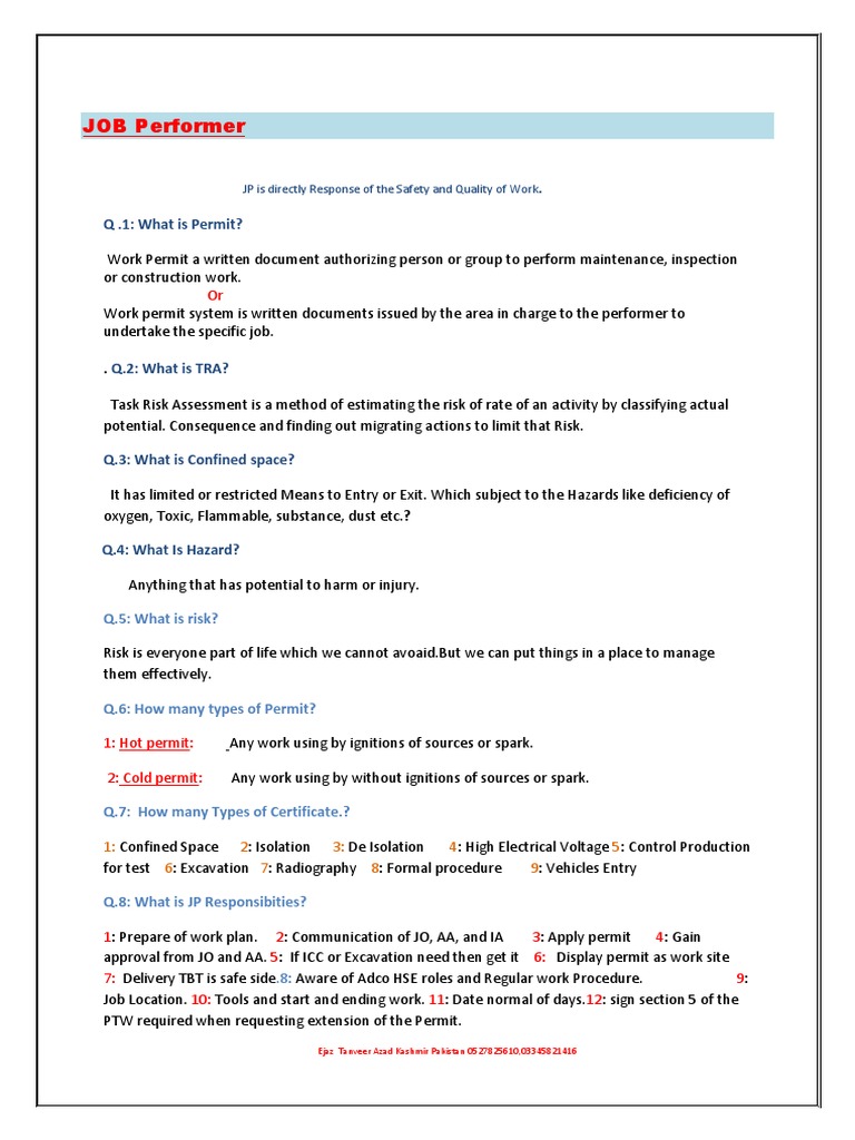 JOB Performer: Q .1: What Is Permit? | PDF | Risk | Hazards