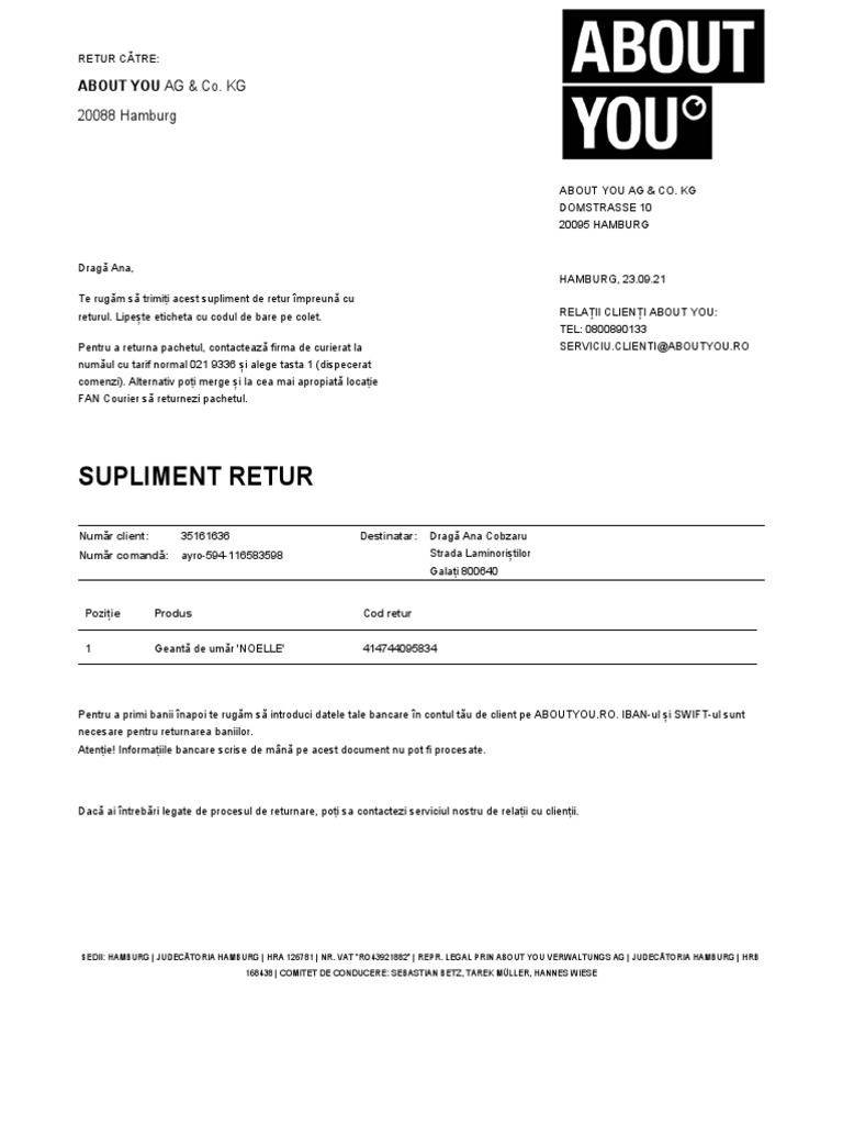 Formular de Retur Ayro 594 116583598 | PDF