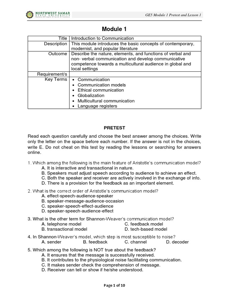 Pretest: GE5 Module 1 Pretest and Lesson 1 | PDF | Communication ...