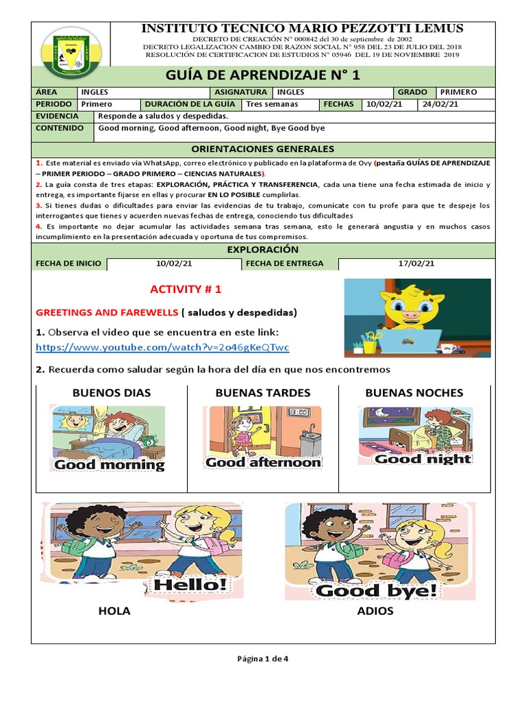 GUIA #1 DE INLGES (Saludos y Despedidas) | PDF