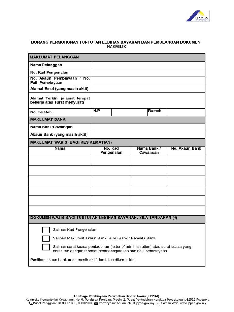 Borang Permohonan Tuntutan Lebihan Bayaran Dan Pemulangan Dokumen ...