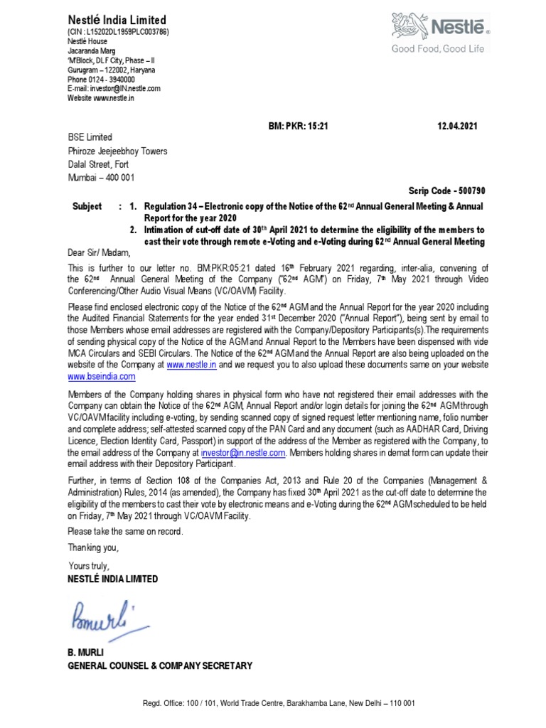 (CIN: L15202DL1959PLC003786) Nestlé House Jacaranda Marg M'Block, DLF ...