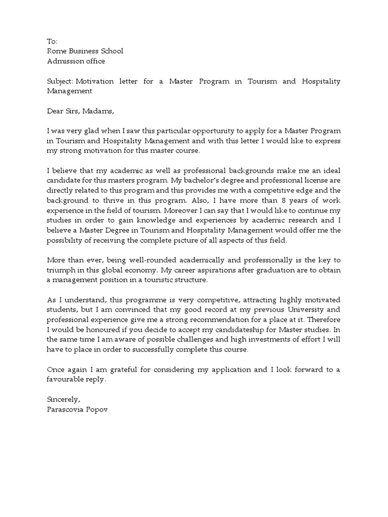 Motivation Letter For Masters Program | PDF