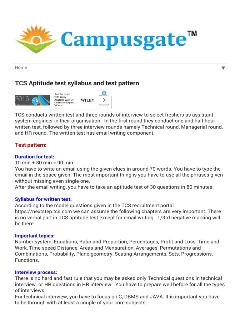 TCS Aptitude Test Syllabus and Test Patern | PDF