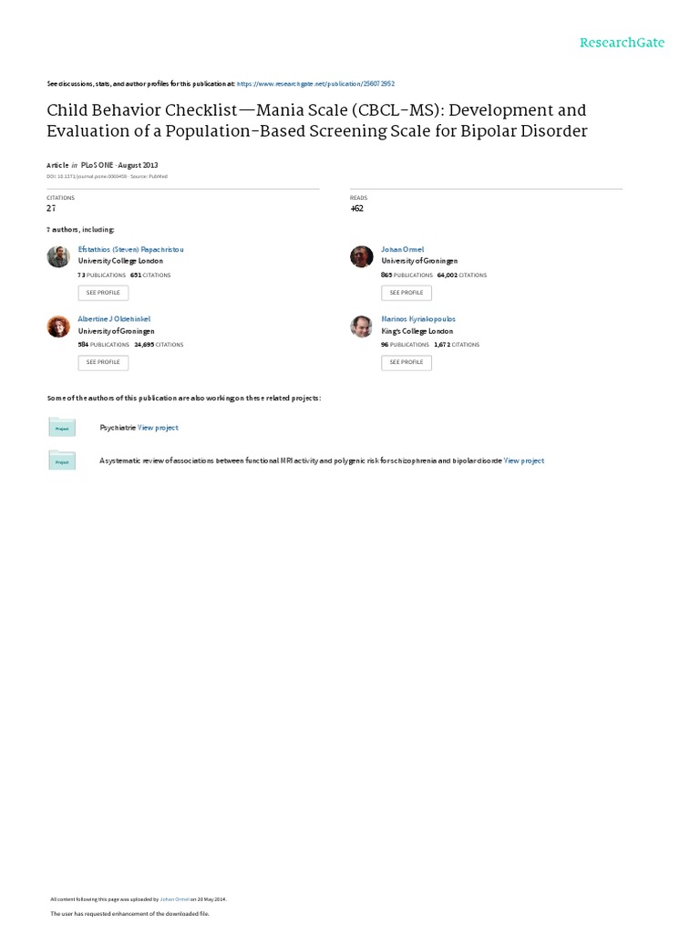 Child Behavior Checklist-Mania Scale CBCL-MS Devel | PDF | Mental ...