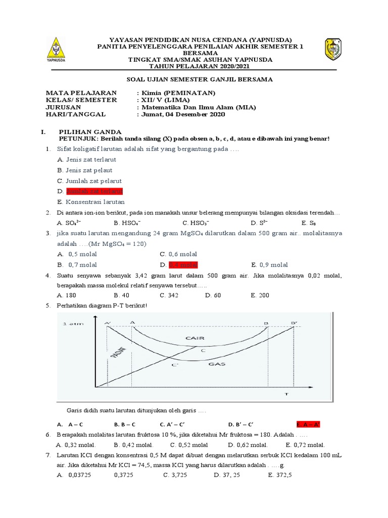 Soal Ujian Kimia Kelas 12 YAPNUSDA | PDF | Sains & Matematika