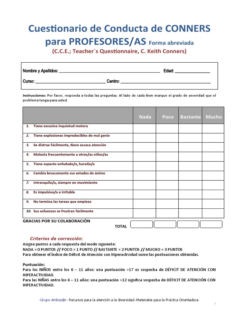 Test de Conners | PDF | Desorden hiperactivo y deficit de atencion ...