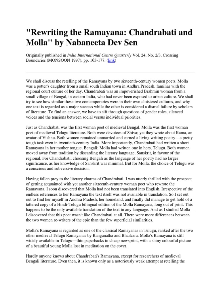"Rewriting The Ramayana: Chandrabati and Molla" by Nabaneeta Dev Sen ...