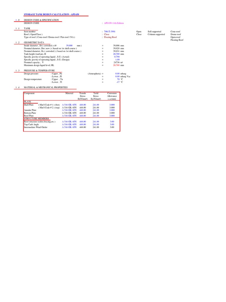 Storage Tank Design Calculation - Api 650: Close Floating Roof | PDF ...