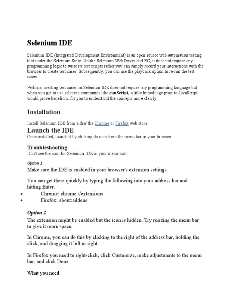 Selenium IDE: Installation Launch The IDE | PDF | Selenium (Software) | Button (Computing)