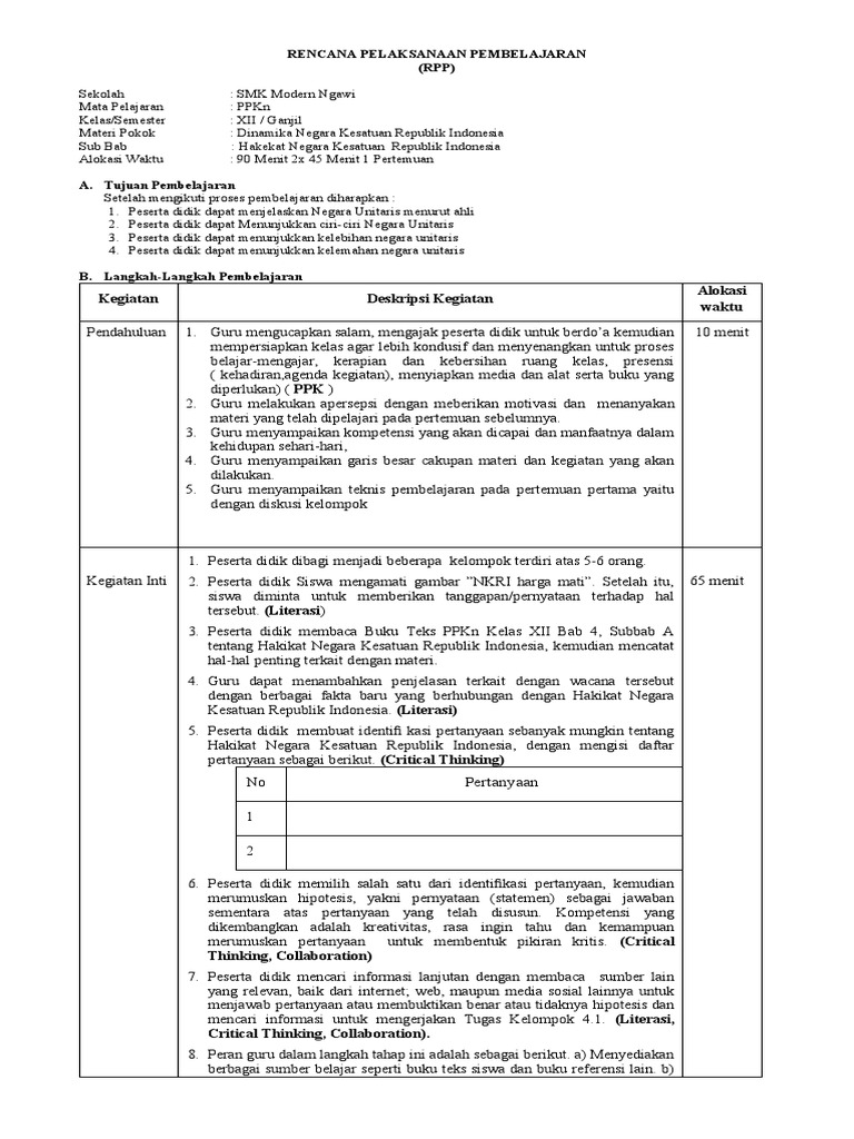 Contoh RPP Satu Lembar | PDF