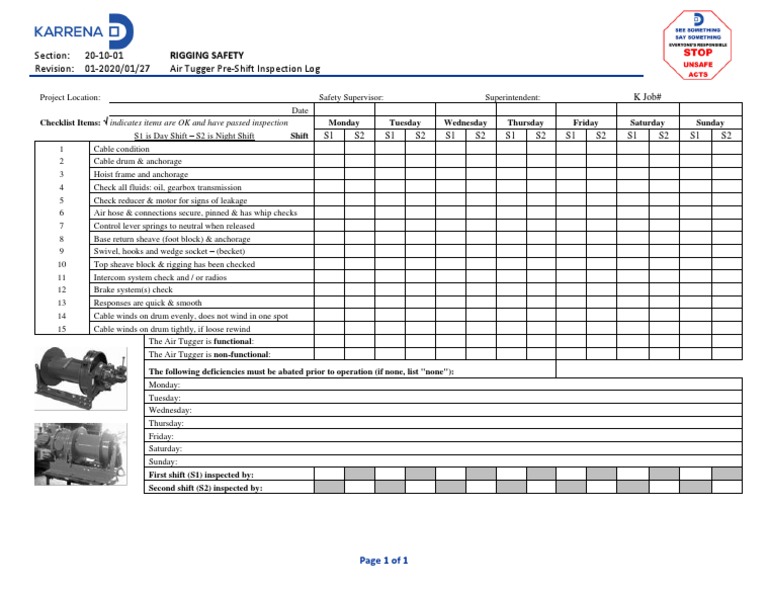 20-10-01 Air Tugger Pre-Shift Inspection Log | PDF