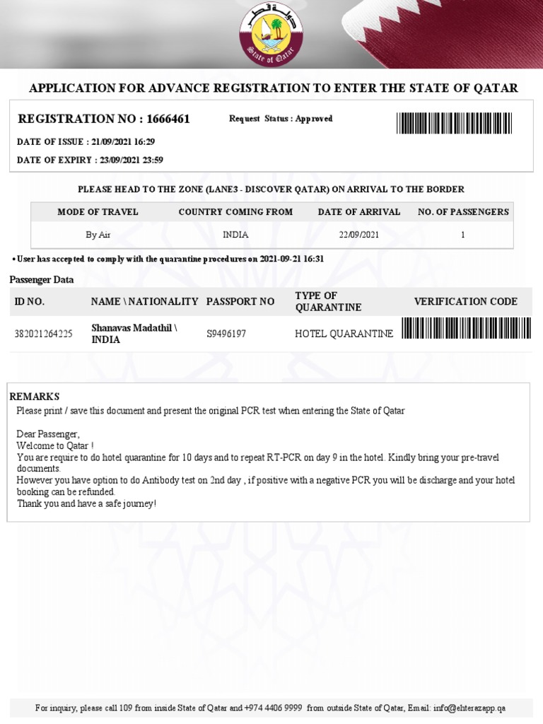 Apply Qatar Entry Registration Approved | PDF