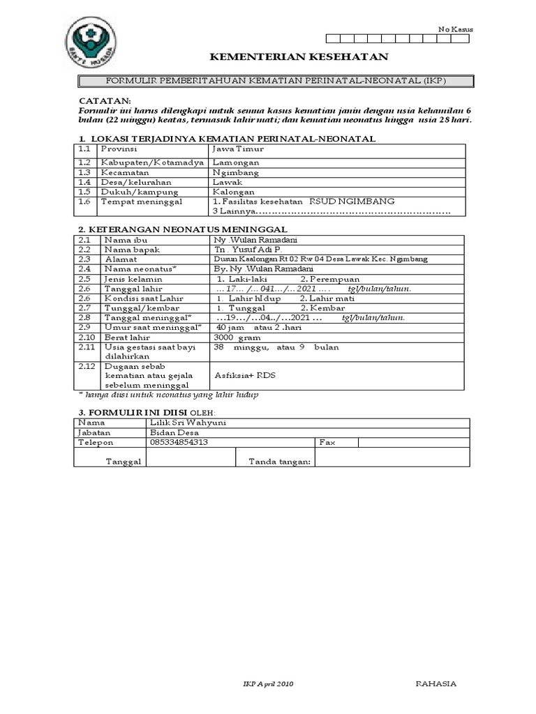 Formulir Pemberitahuan Kematian Perinatal Neonatal | PDF