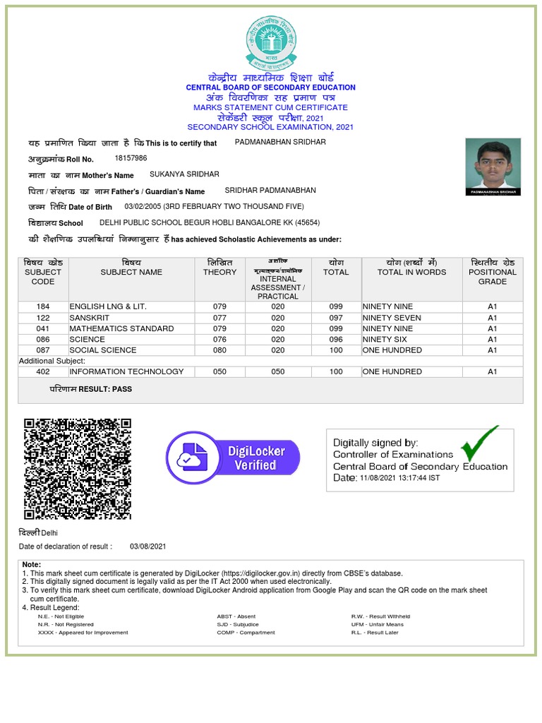 CBSE 10th Marksheet 2021 - DigiLocker | PDF
