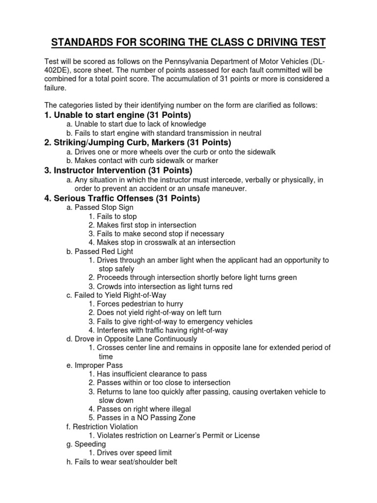 Standards For Scoring The Class C Driving Test: 1. Unable To Start ...