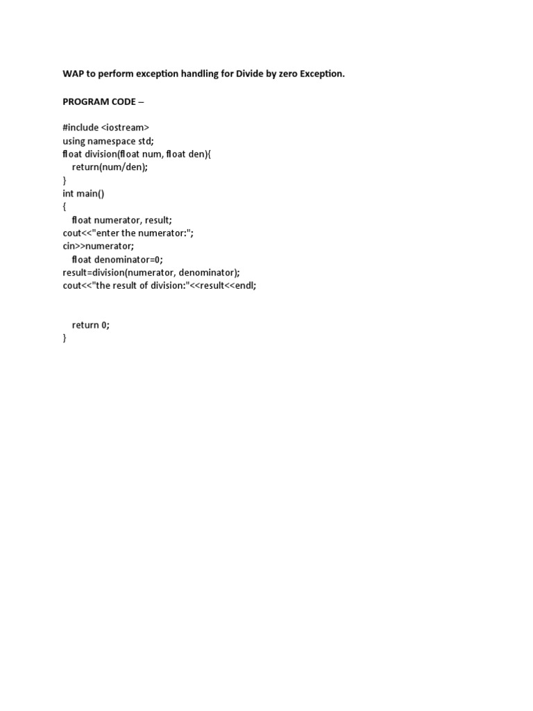 WAP To Perform Exception Handling For Divide by Zero Exception | PDF