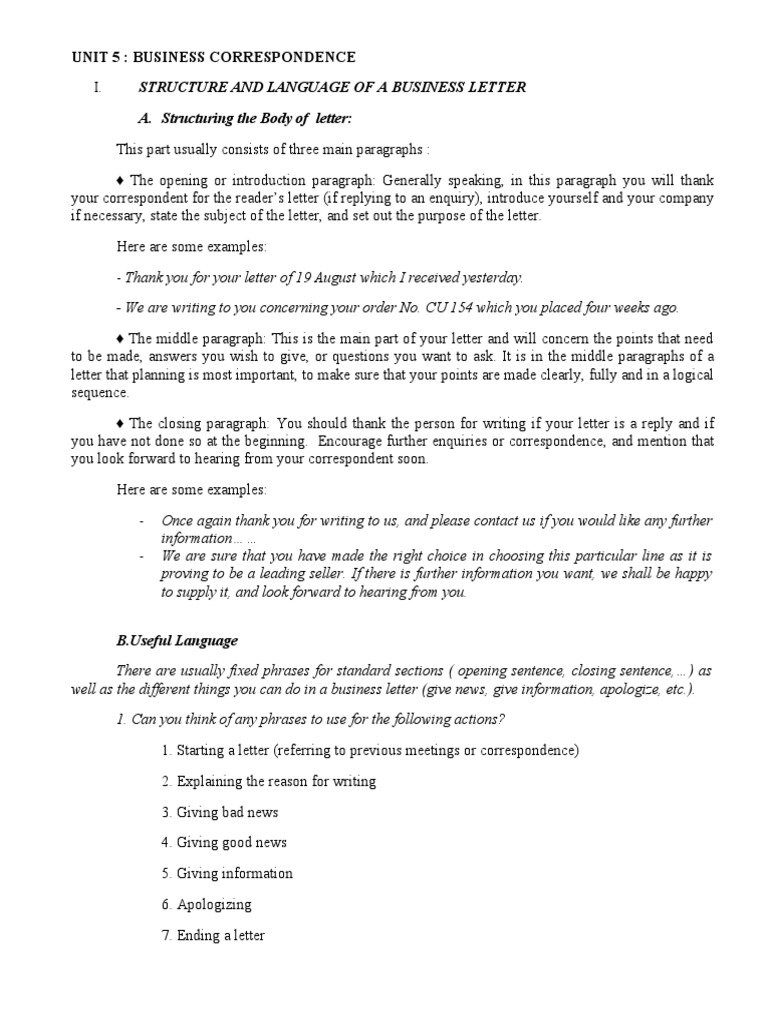 Structure and Language of A Business Letter A. Structuring The Body of ...