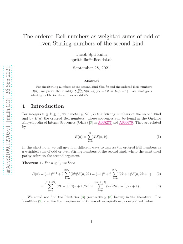 The Ordered Bell Numbers As Weighted Sums of Odd or Even Stirling ...