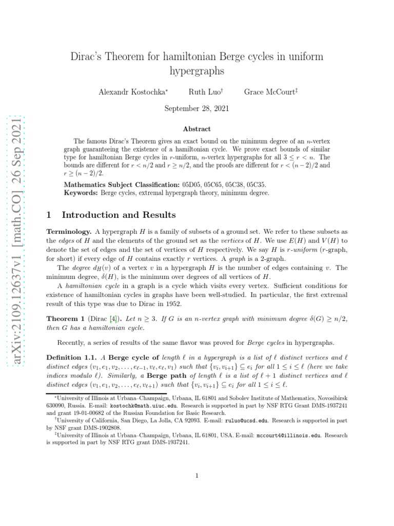 Dirac's Theorem For Hamiltonian Berge Cycles in Uniform Hypergraphs ...