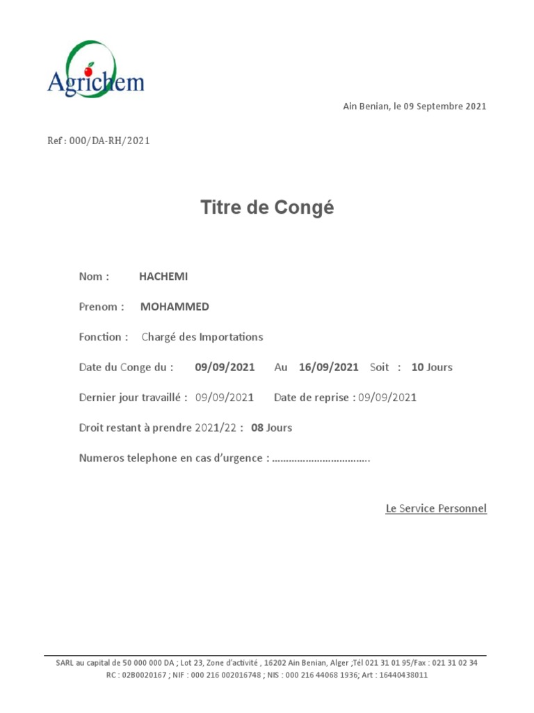 Titre de Congé Modele | PDF