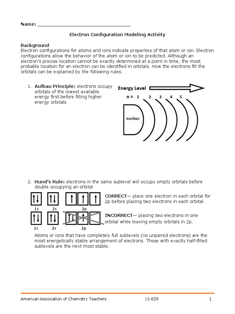 Energy Level N : Name: - Electron Configuration Modeling Activity ...