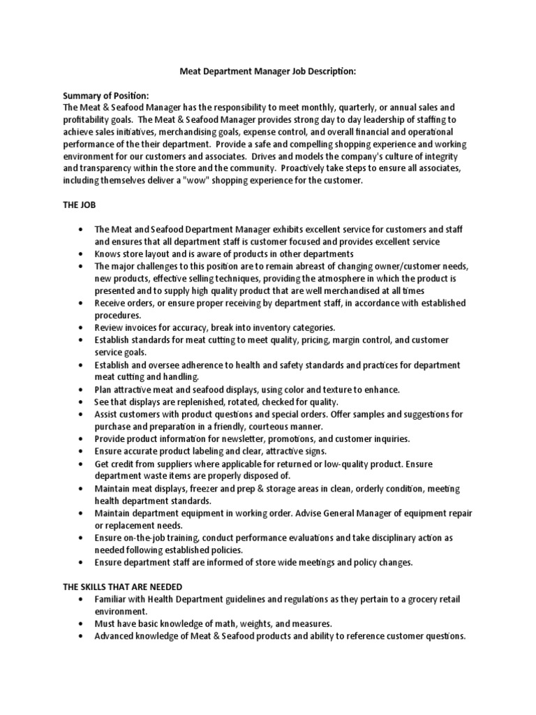 Meat Department Manager Job Description | PDF | Sales | Meat