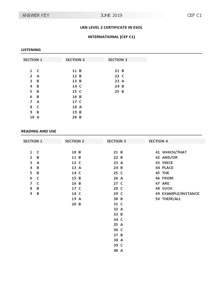 LRN June 2019 Level C1 Answer Key | PDF