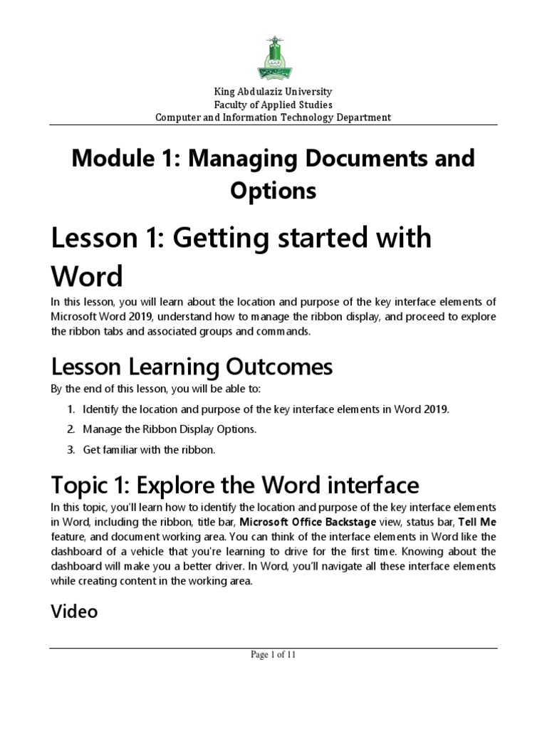Lesson 1: Getting Started With Word: Module 1: Managing Documents and Options | Download Free ...