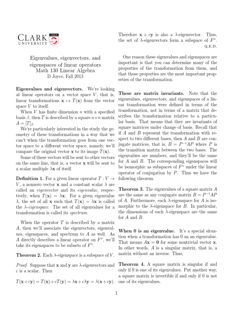Eigenvalues, Eigenvectors, and Eigenspaces of Linear Operators Math 130 Linear Algebra | PDF ...