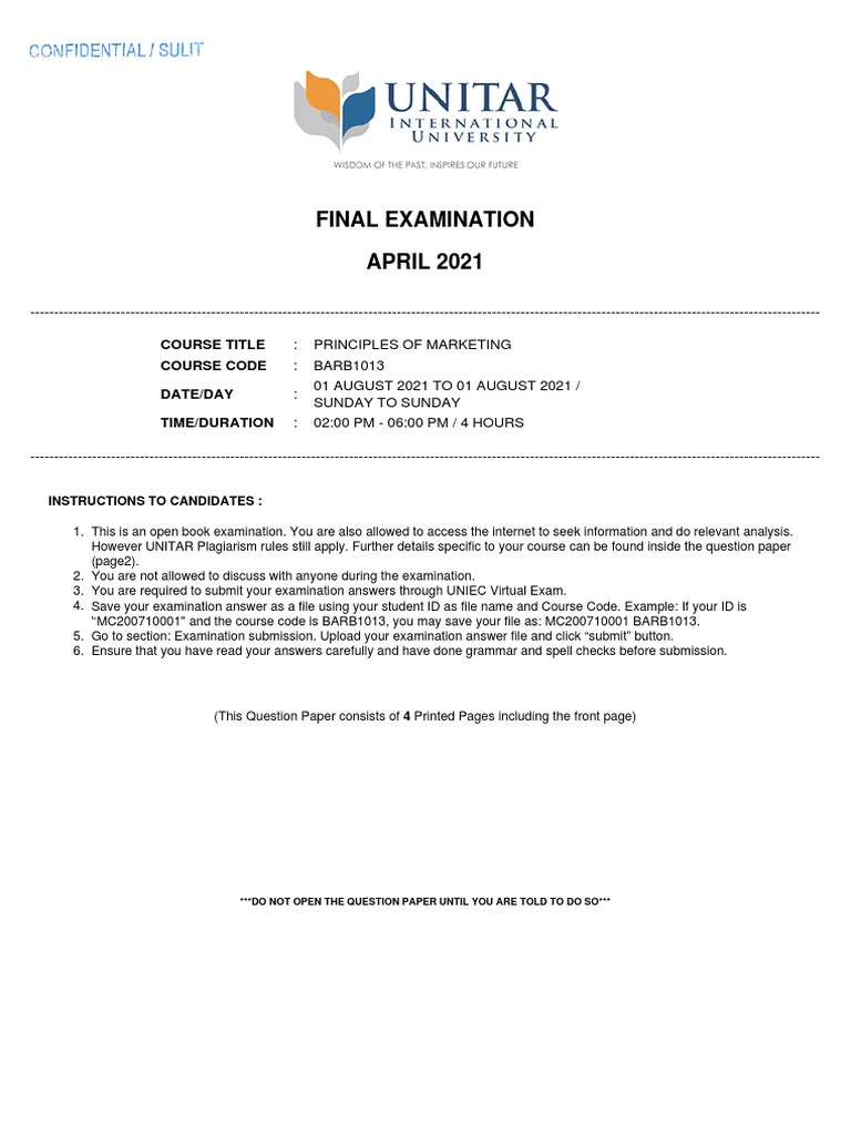 BARB1013-Principles of Marketing Final Exam | PDF | Brand | Marketing