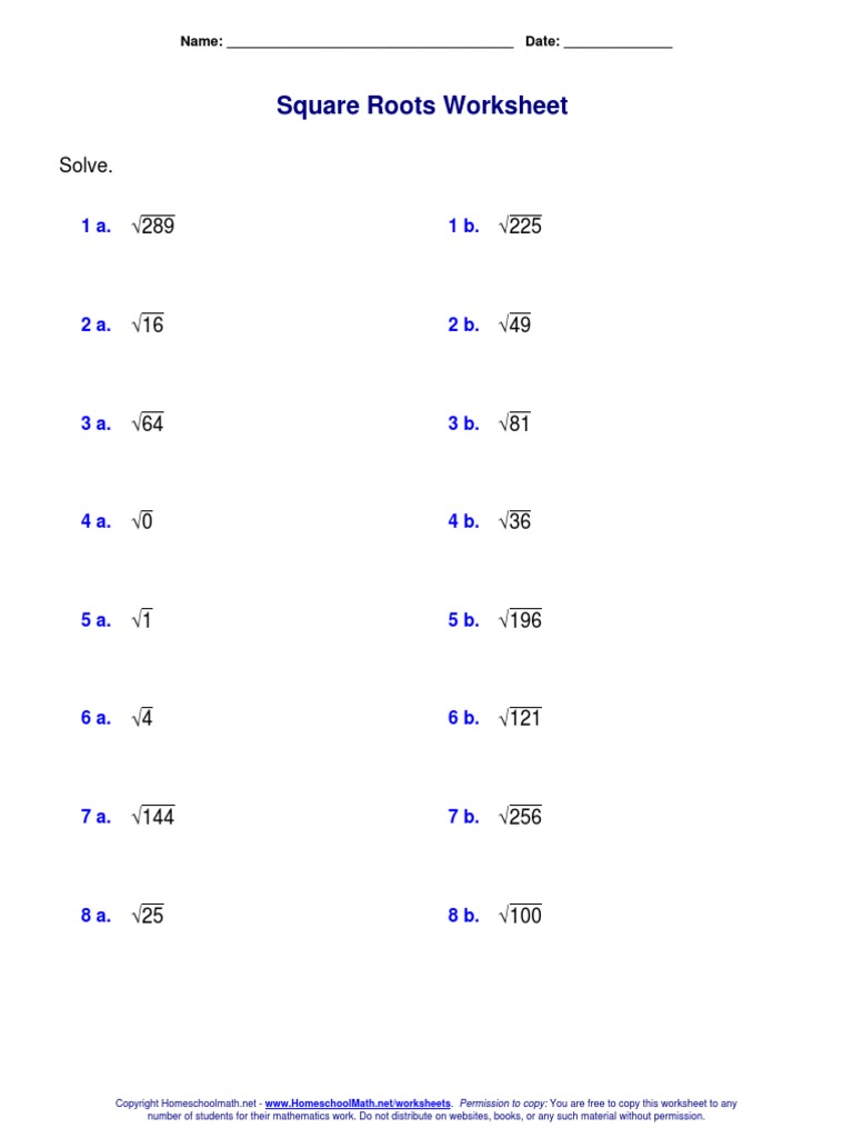 Square Roots Worksheet: Solve | PDF | Law | Copyright Law